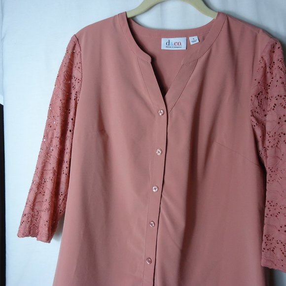 Denim&Co | Tops | Denim Co Button Front 34 Lace Sleeve Blouse | Poshmark
